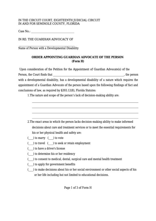 Form H - Order Appointing Guardian Advocate Of The Person printable pdf ...