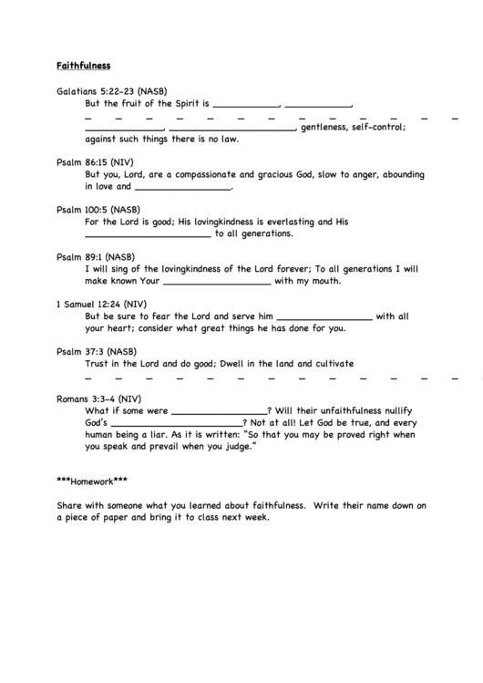 Holy Bible Worksheet - Faithfulness - With Answers printable pdf download