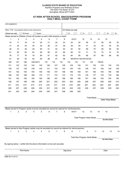 At-Risk After-School Snack/supper Program Daily Meal Count Form ...