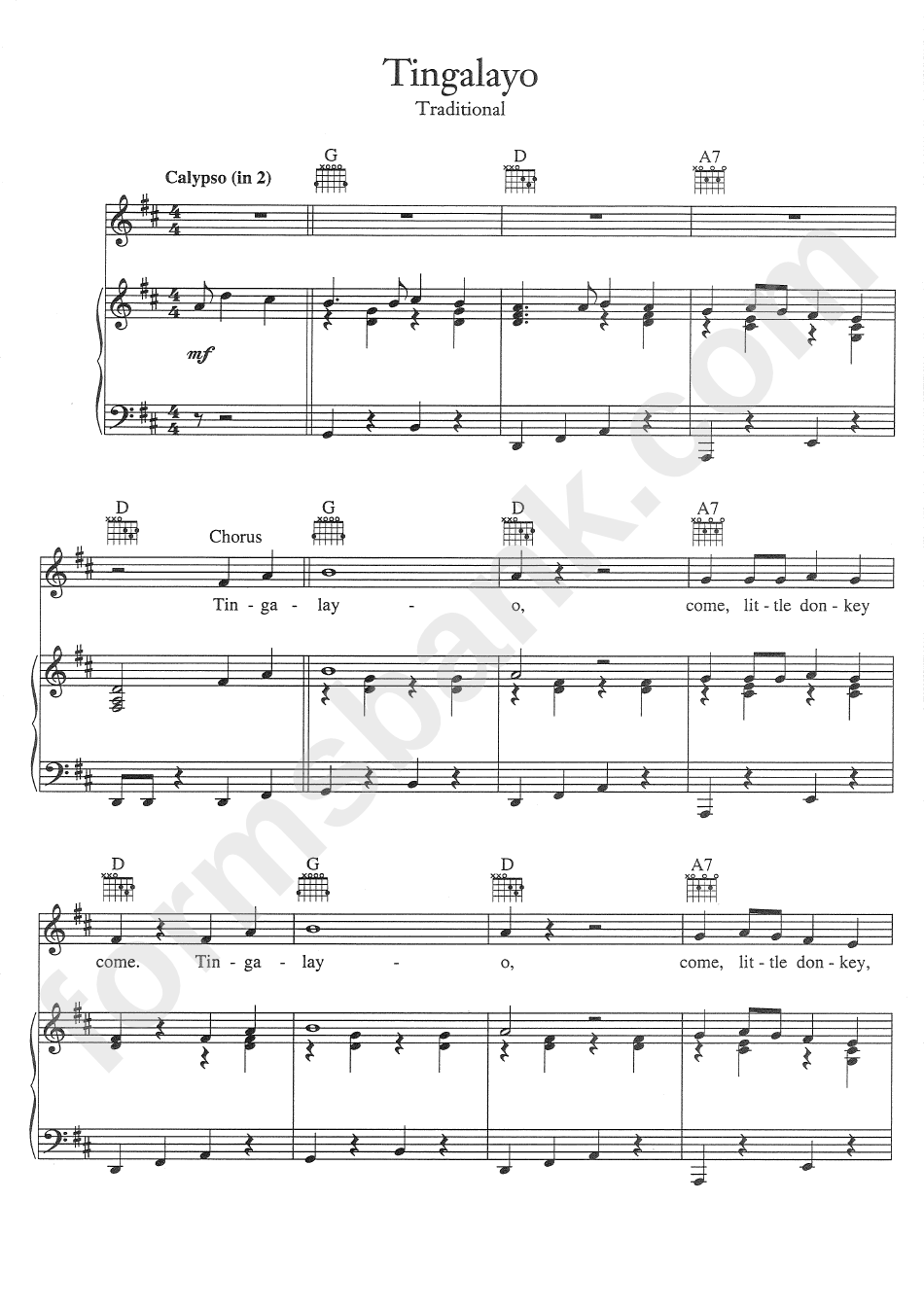Tingalayo Sheet Music printable pdf download
