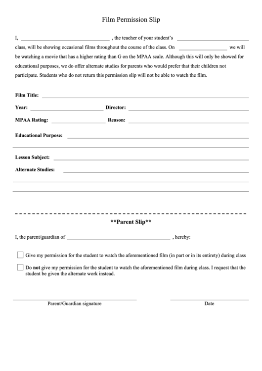 Film Permission Slip printable pdf download