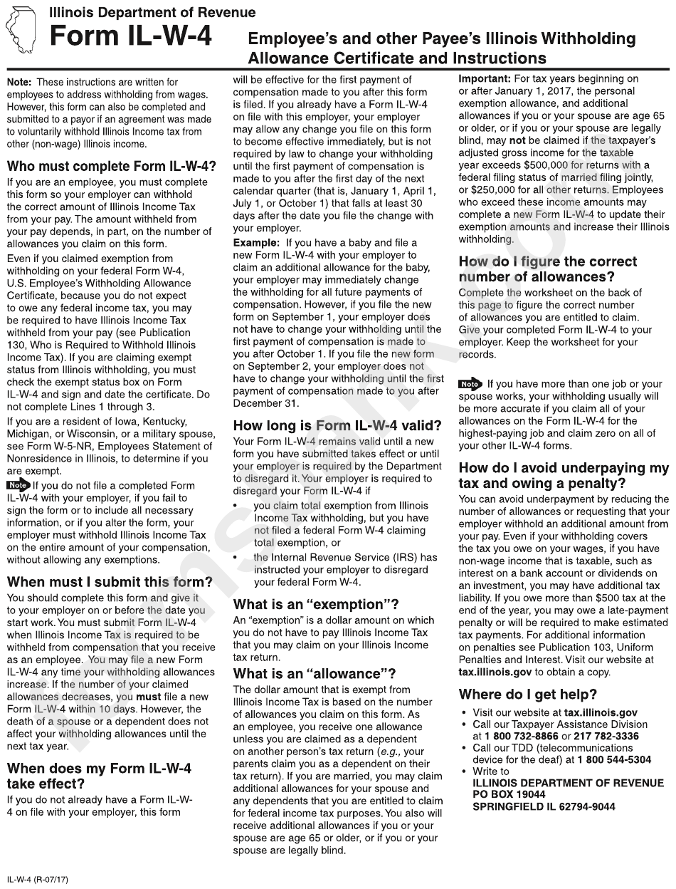 Form Il W 4 Employee S Illinois Withholding Allowance Certificate Form Il W 4 Employee S Illinois Withholding Allowance Certificate