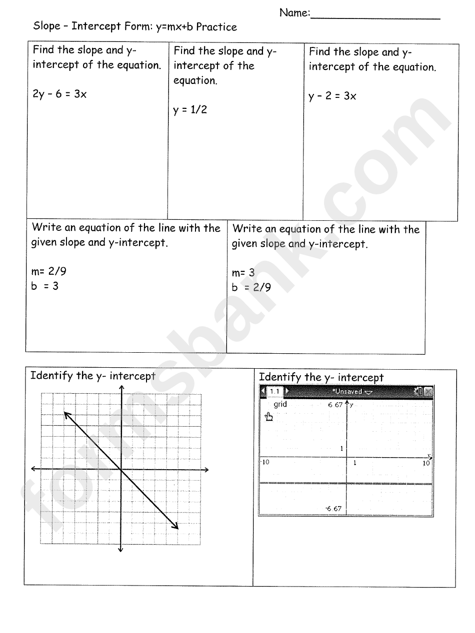 Slope-Intercept Form Practice Worksheet printable pdf download