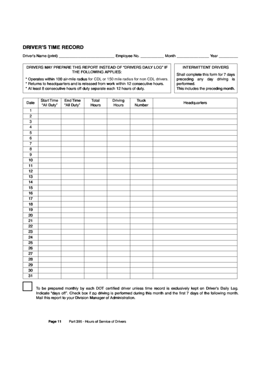 Driver S Time Record Printable Pdf Download