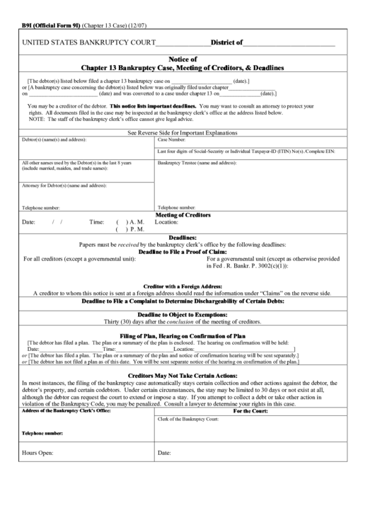 Official Form 9i - Notice Of Chapter 13 Bankruptcy Case, Meeting Of ...