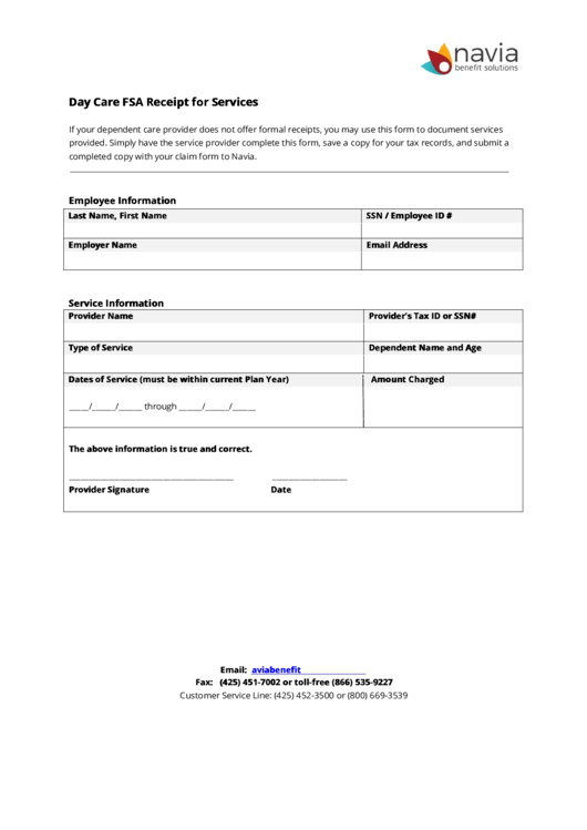 Fillable Navia Day Care Fsa Receipt Form For Services Printable Pdf 