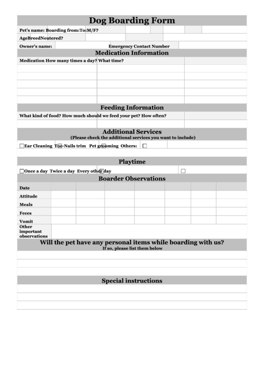 Dog Boarding Form Printable Pdf Download