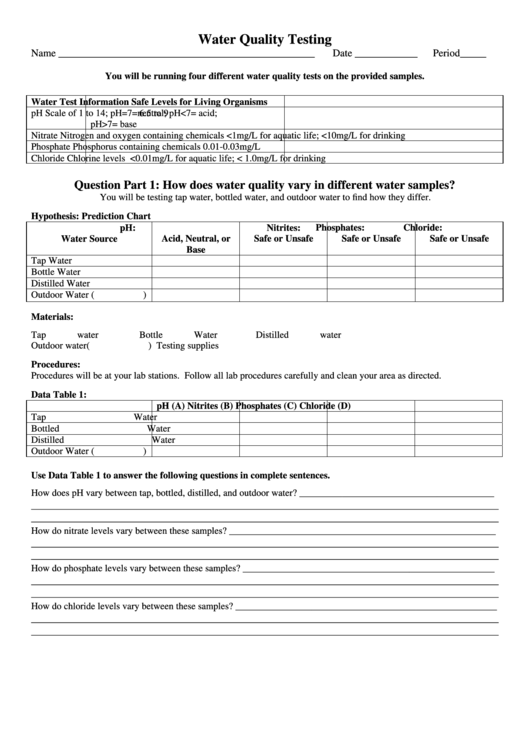 Water Quality Testing Worksheet Printable Pdf Download