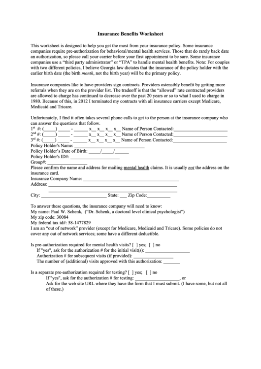 Insurance Benefits Worksheet printable pdf download