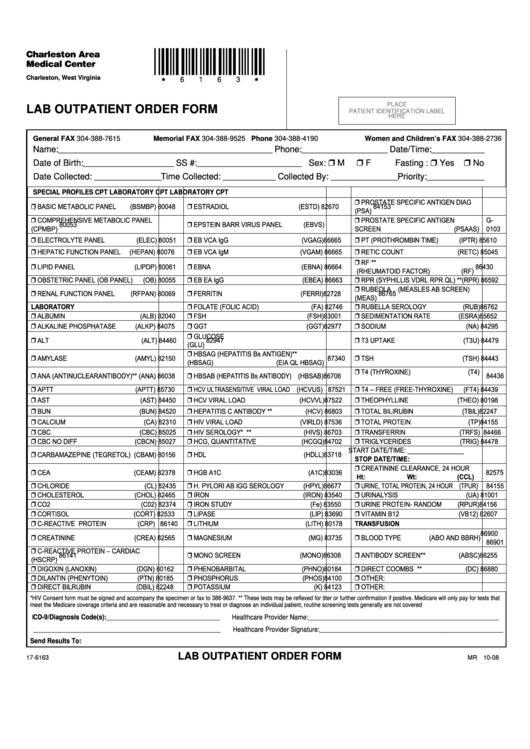 Lab Outpatient Order Form Camc Printable Pdf Download
