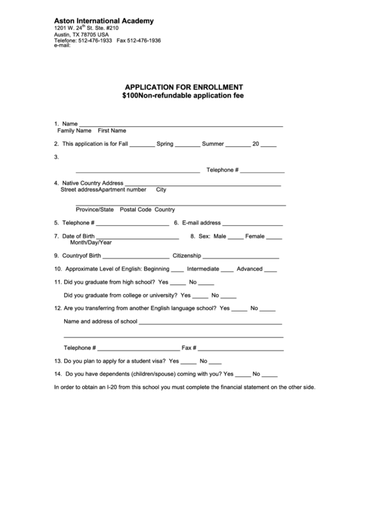 Aston International Academy Application For Enrollment printable pdf ...