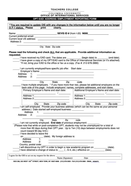 Fillable Opt Ead/ Address/ Employment Reporting Form printable pdf download