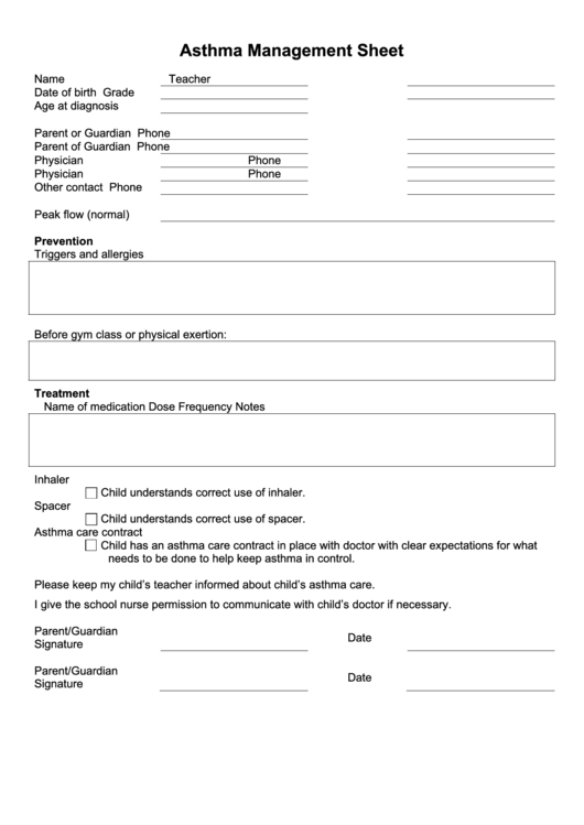 Asthma Management Sheet printable pdf download