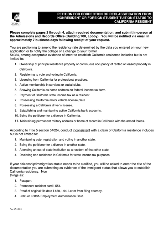 Fillable Petition For Reclassification Of Residency - Chabot College ...
