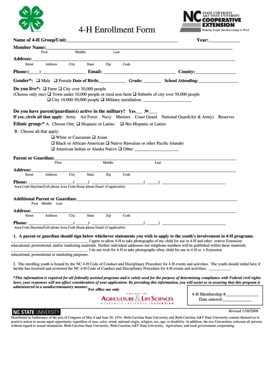 4h Enrollment Form North Carolina Cooperative Extension printable pdf ...