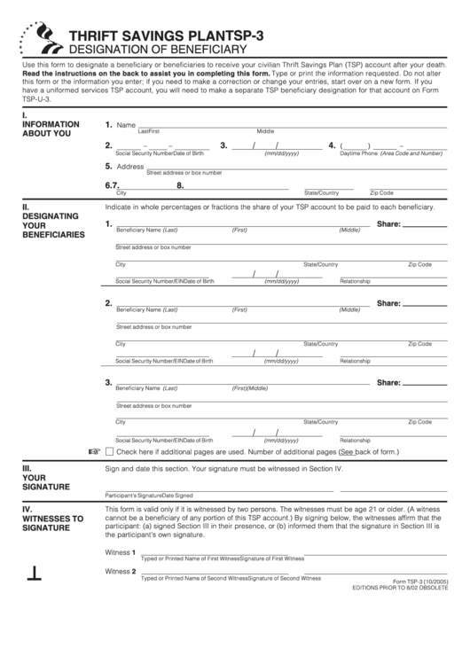 Form Tsp 3 Designation Of Beneficiary Thrift Savings Plan Printable 