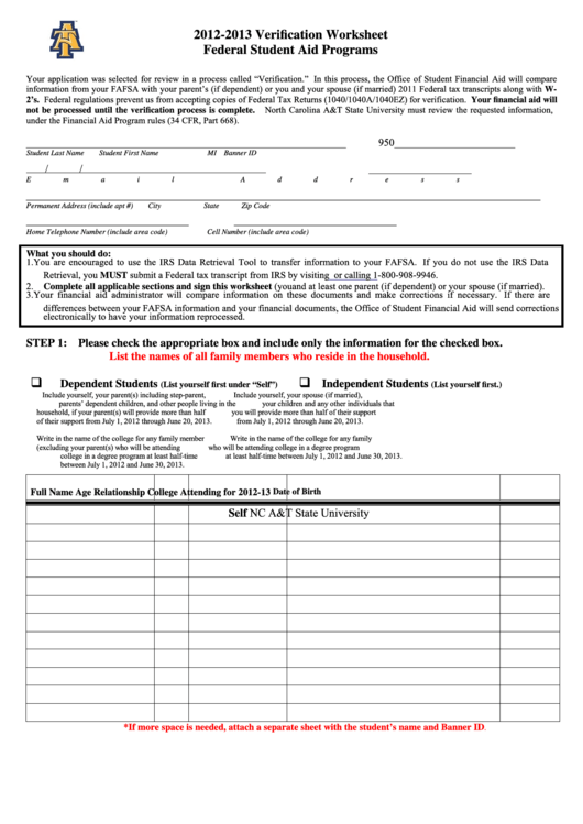 Fillable Verification Worksheet Federal Student Aid Programs 2012-2013 ...