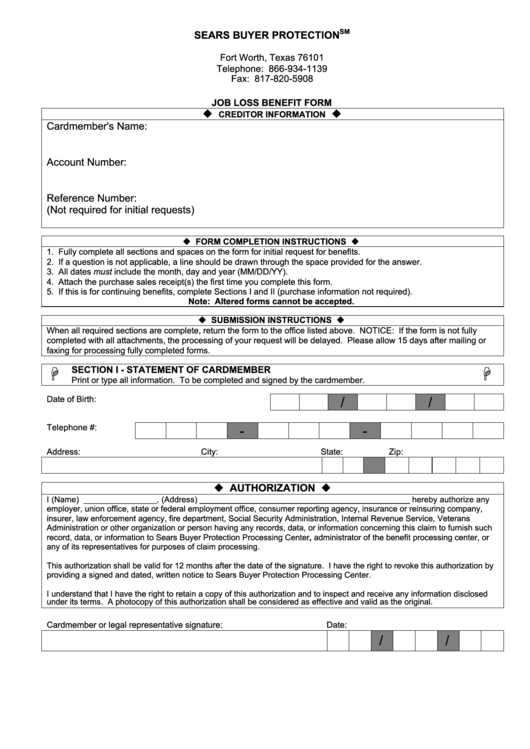 Sears Buyer Protection Web Claim Form printable pdf download