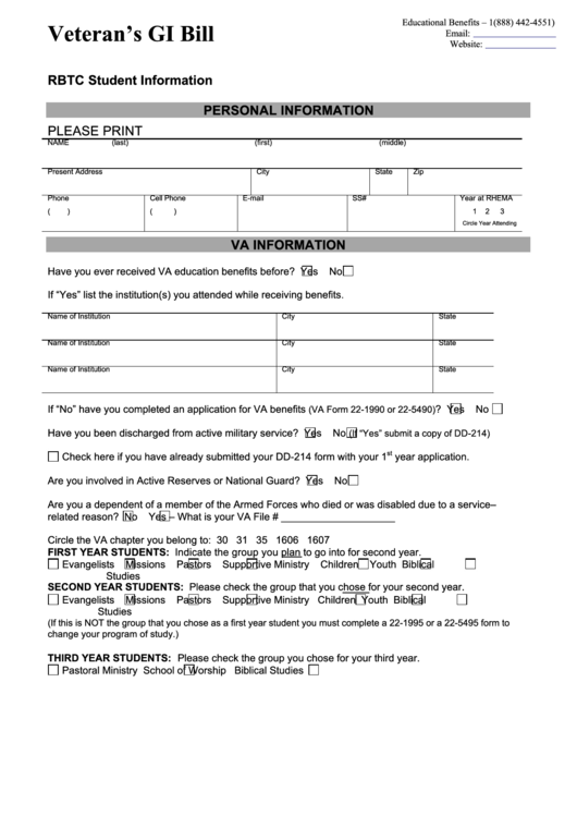 Veteran'S Gi Bill Rbtc Student Information Form printable pdf download