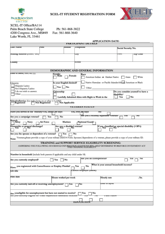 Xcel-It Student Registration Form printable pdf download