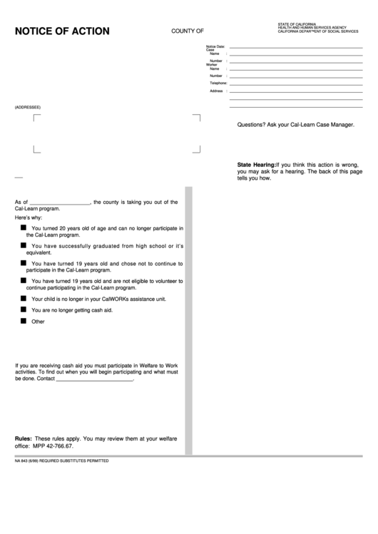 Fillable Na 843 - Notice Of Action printable pdf download