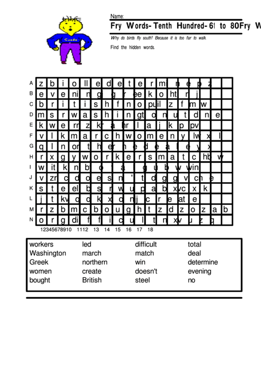Fry Words List - Tenth Hundred - 61 To 80 printable pdf download