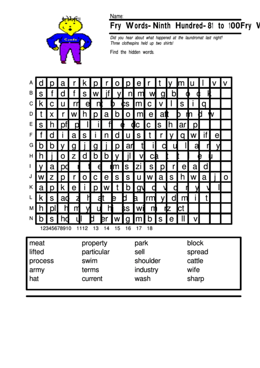 Fry Words List - Ninth Hundred - 81 To 100 printable pdf download