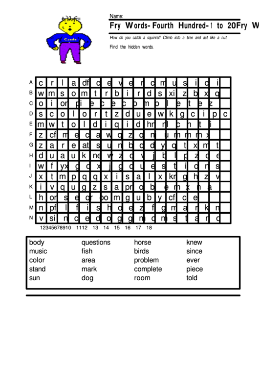 Fry Words List - 1 To 20 printable pdf download