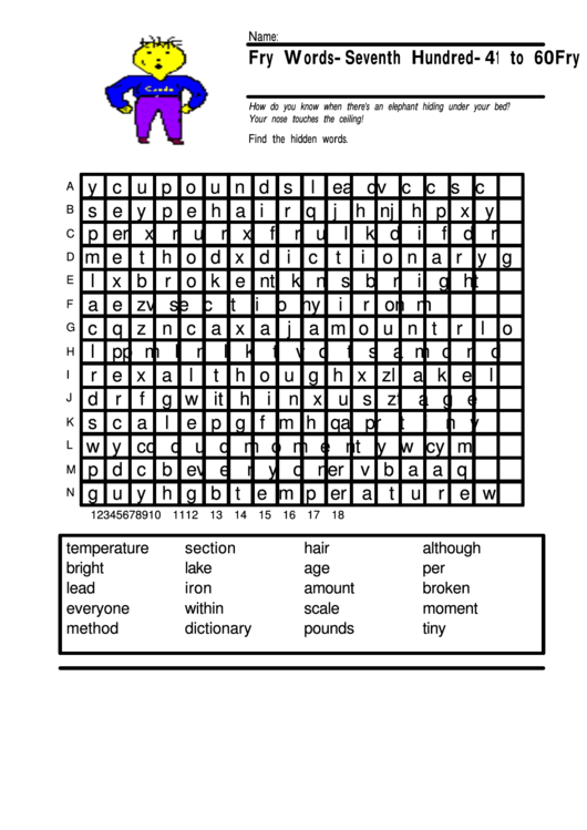 Fry Words List - 41 To 60 printable pdf download