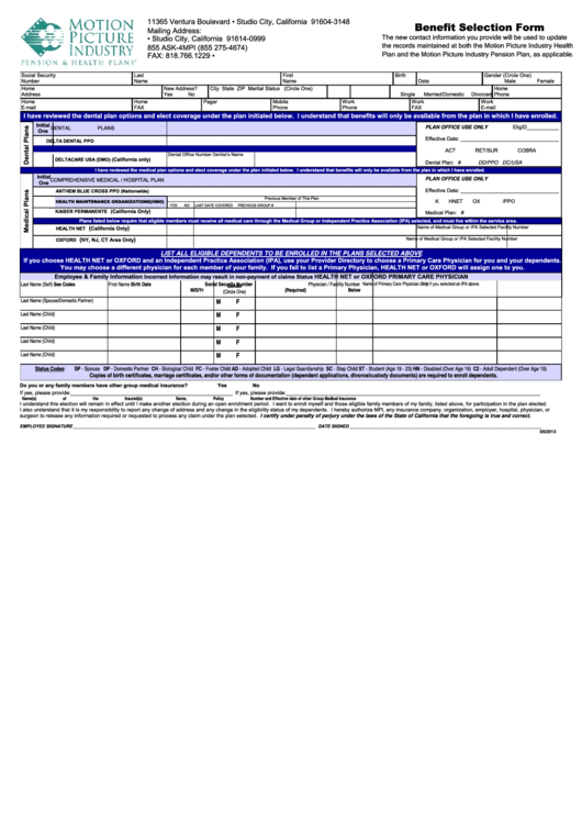 Benefit Selection Form printable pdf download