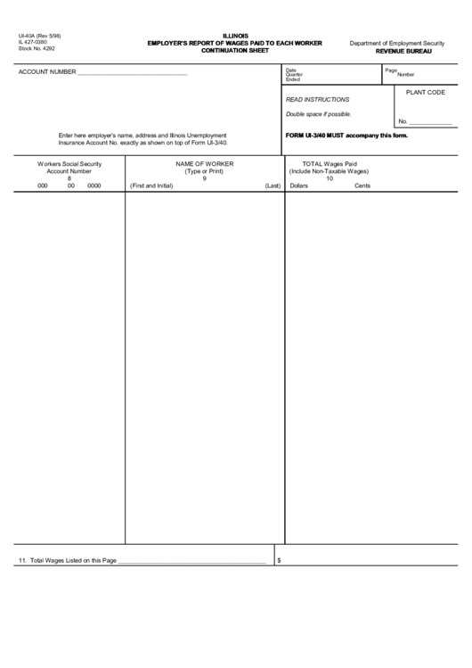 Fillable Ui-40a - Employer'S Report Of Wages Paid To Each Worker ...