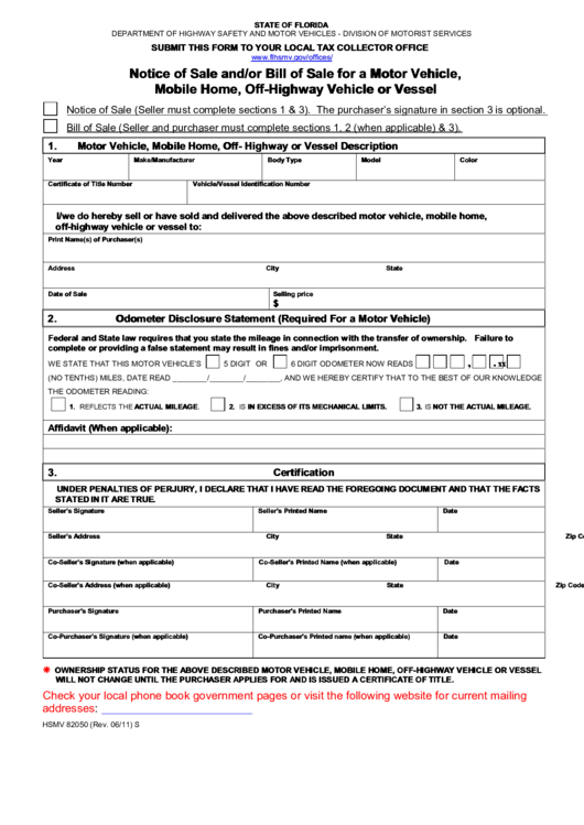 Fillable Florida Dmv Notice Of Sale And or Bill Of Sale For A Motor 