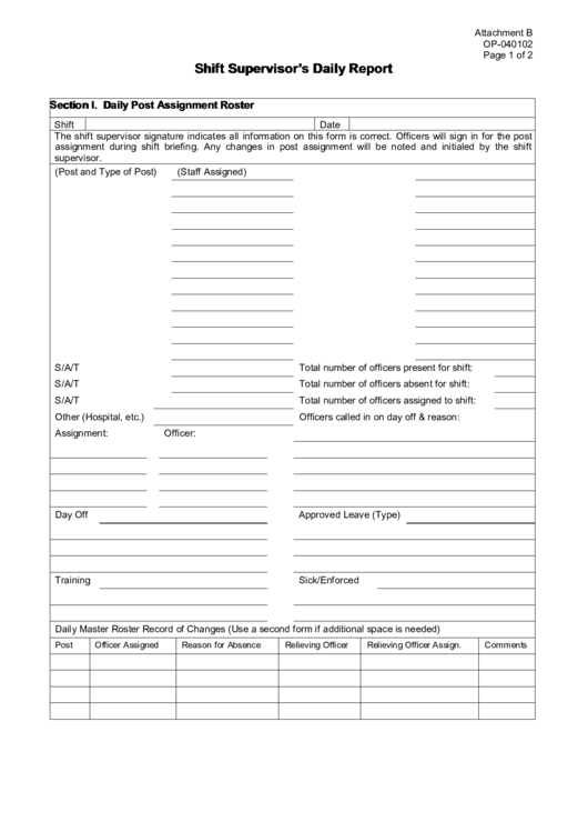 Shift Supervisor S Daily Report Printable Pdf Download