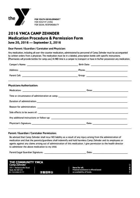 Camper Medication Form - 2016 printable pdf download