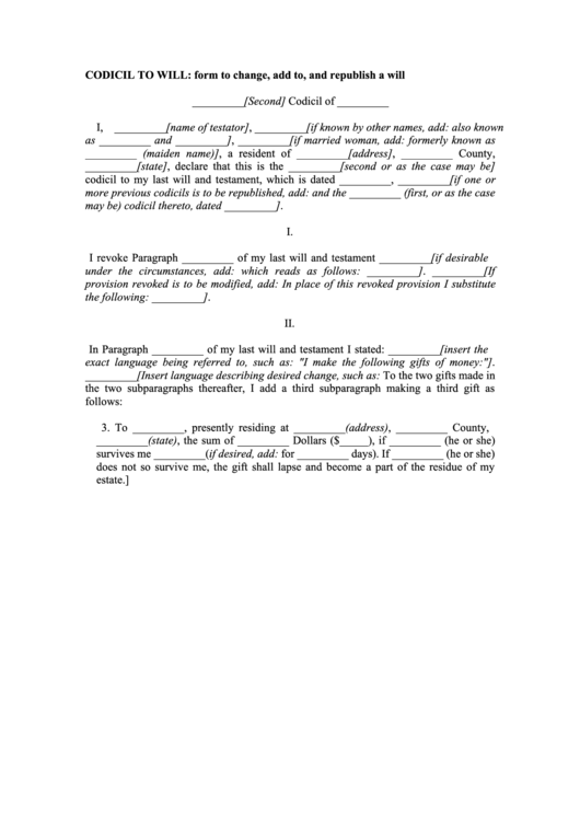 Codicil To Will Form To Change Add To Printable Pdf Download