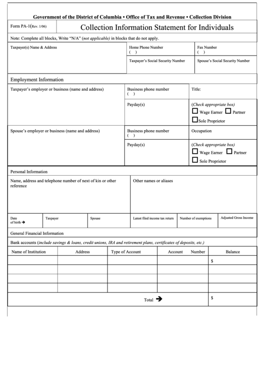 Printable Form Collection Information Statement For Individuals ...