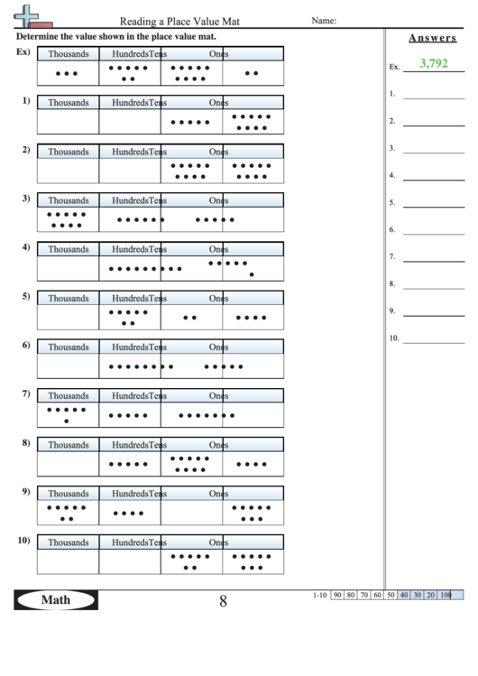 Reading A Place Value Mat Worksheet With Answer Key printable pdf download