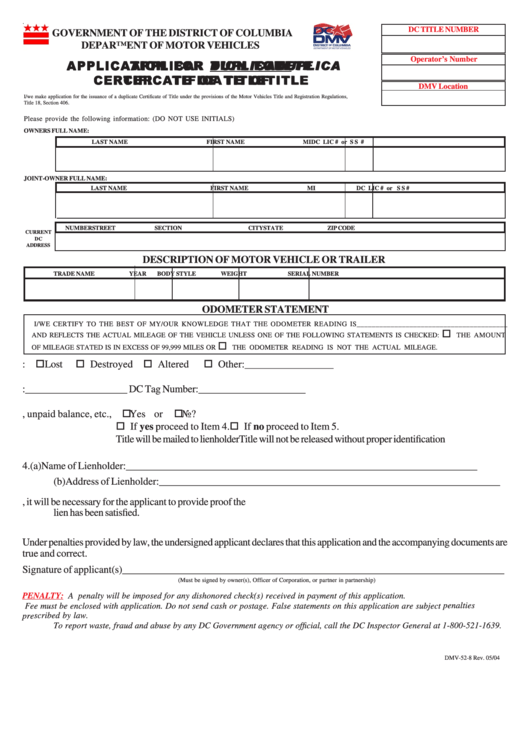Fillable Form Dmv 52 8 Application For Duplicate Certificate Of Title 