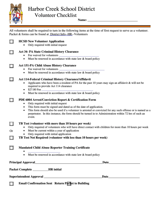 Volunteer Checklist Harbor Creek School District printable pdf download