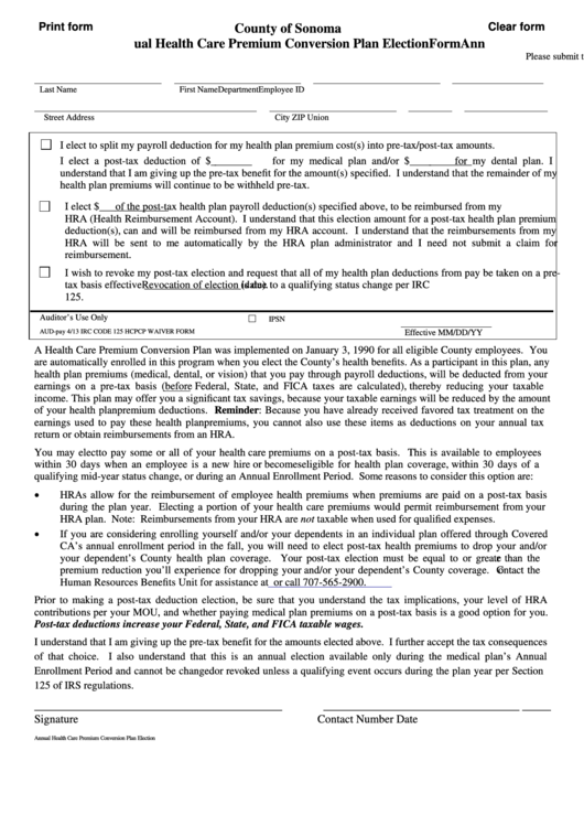 Fillable Annual Health Care Premium Conversion Plan Election Form ...