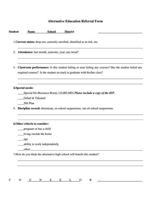 Alternative Education Referral Form printable pdf download