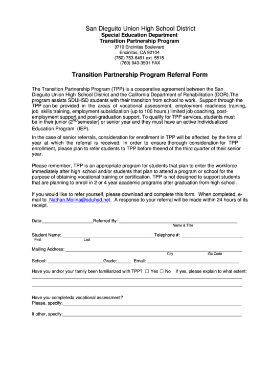 Fillable Transition Partnership Program Referral Form printable pdf ...