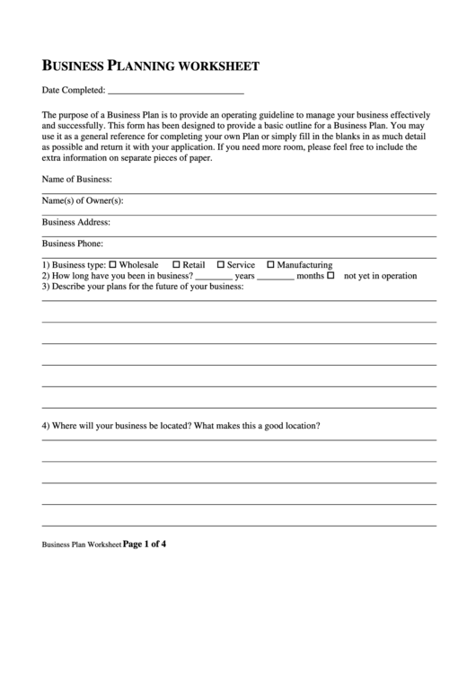 Business Planning Worksheet Printable Pdf Download
