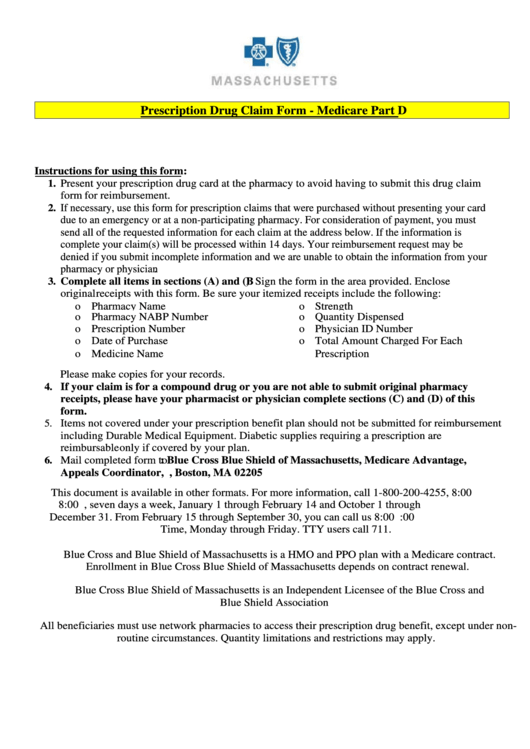 Prescription Drug Claim Form - Medicare Part D printable pdf download