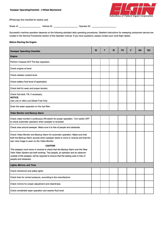 Sweeper Operating Checklist Template 4 Wheel Mechanical Printable Pdf Download