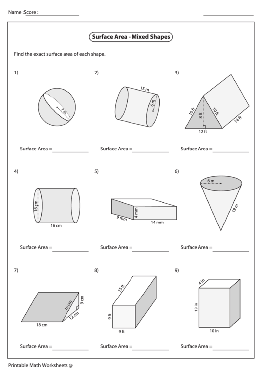 Surface Area Mixed Shapes Worksheet Printable Pdf Download