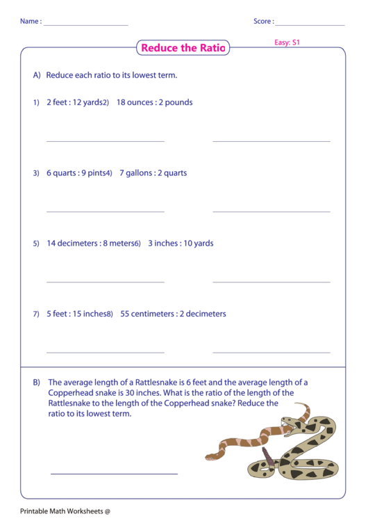 Reduce The Ratio Worksheet printable pdf download