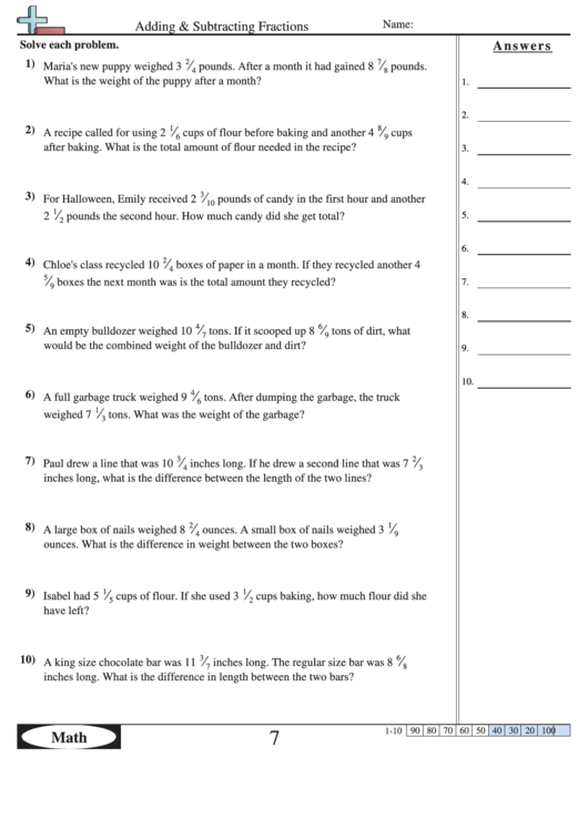 Adding And Subtracting Fractions Worksheet With Answer Key Printable 
