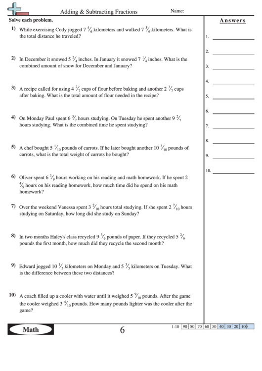 Adding And Subtracting Fractions Worksheet With Answer Key printable ...