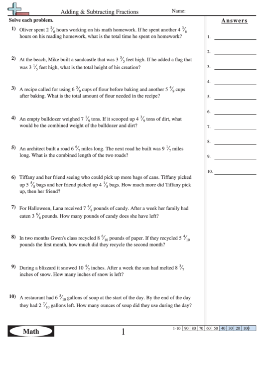 Adding And Subtracting Fractions Worksheet With Answer Key printable ...